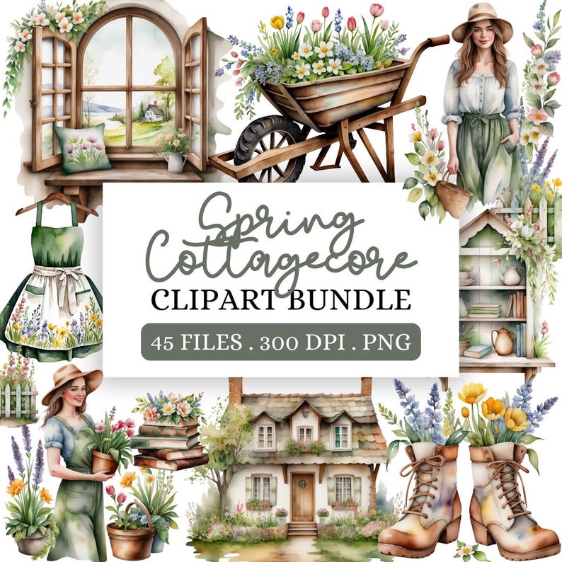Spring Cottagecore Clipart Bundle, Rustic Farmhouse Clip Art, Rustic ...