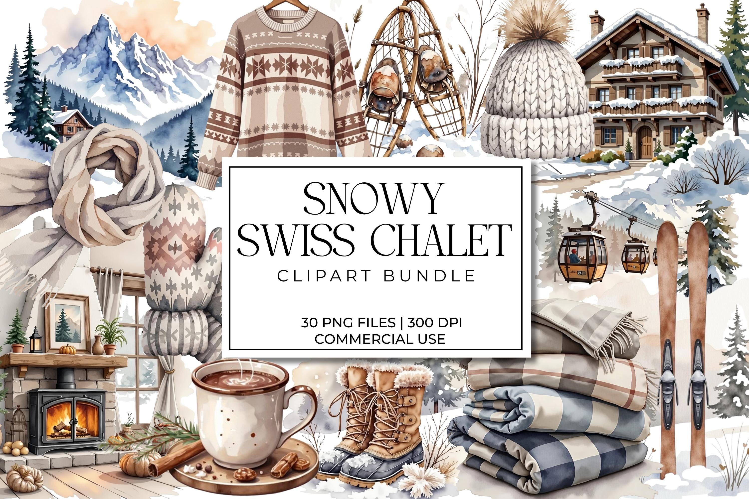 Snowy Swiss Chalet Clipart Bundle | Cozy Alpine Winter Pngs | Rustic ...