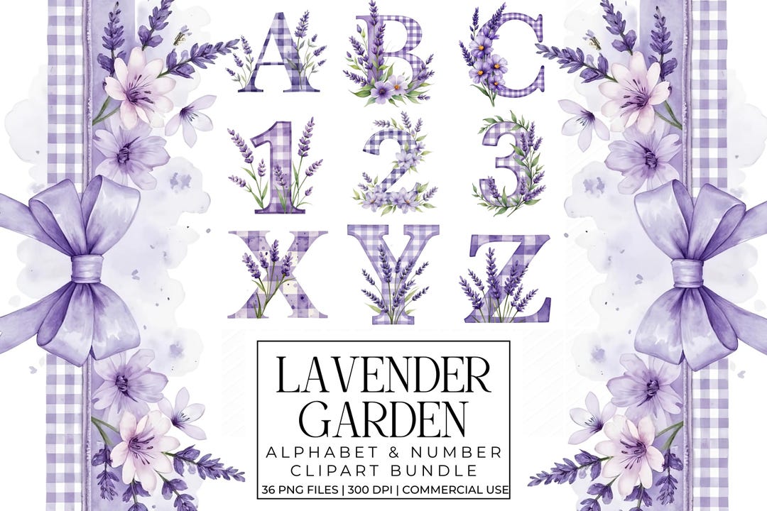Lavender Garden Alphabet & Numbers Clipart ,watercolor Letters Digits ...