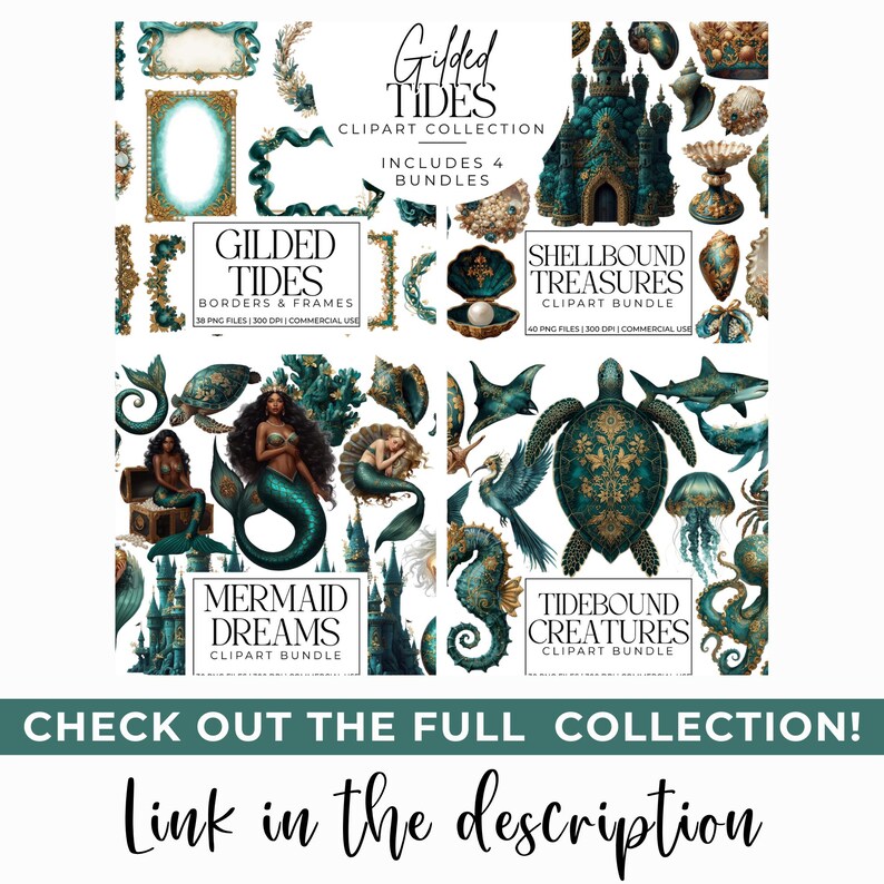Tidebound Creatures Clipart Bundle, Dark Turquoise & Gold Underwater ...