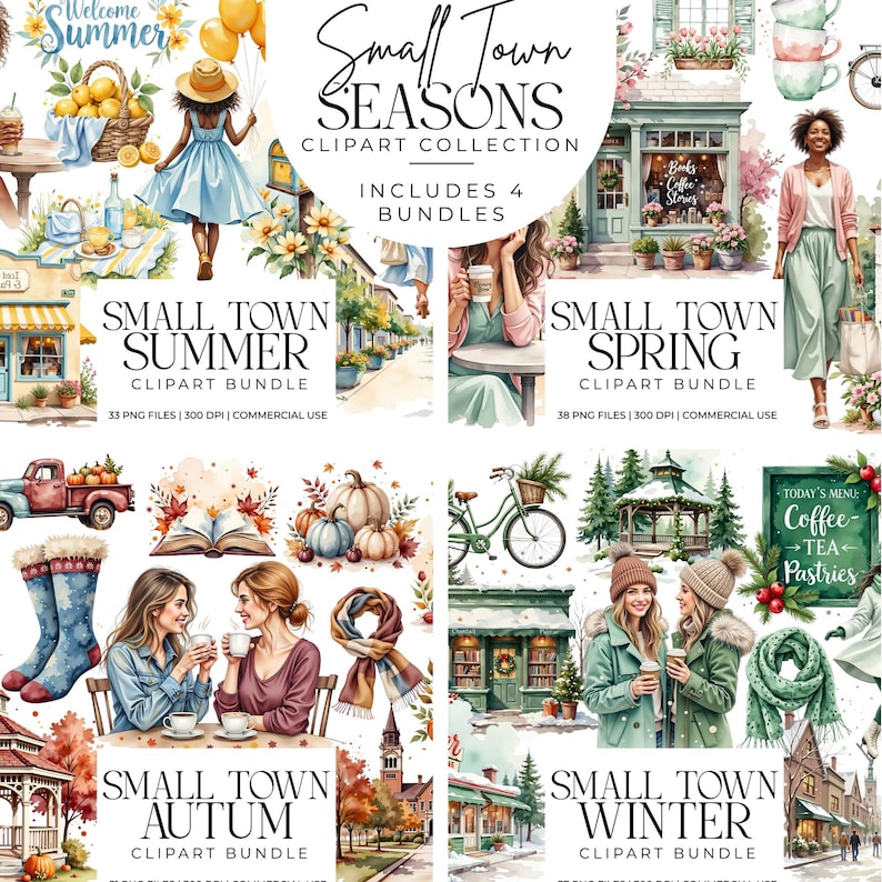 Small Town Seasons Clipart Collection, Watercolor Village Year Bundle ...