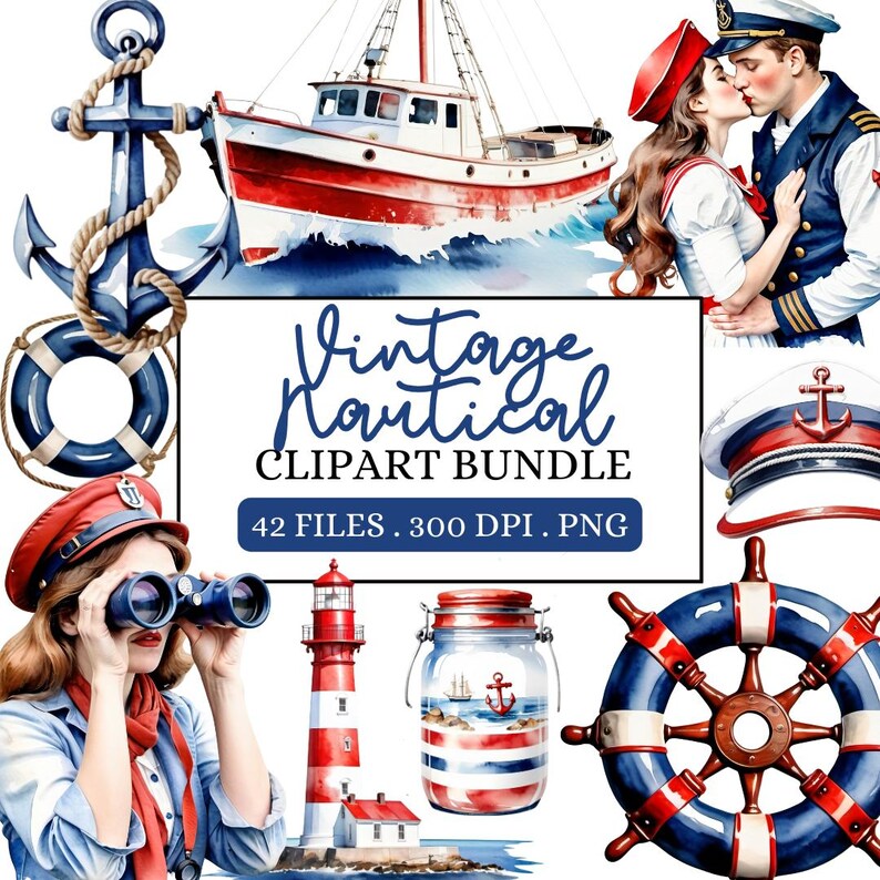 Vintage Nautical Clipart Bundle, Sailor Clip Art, Red White and Blue ...