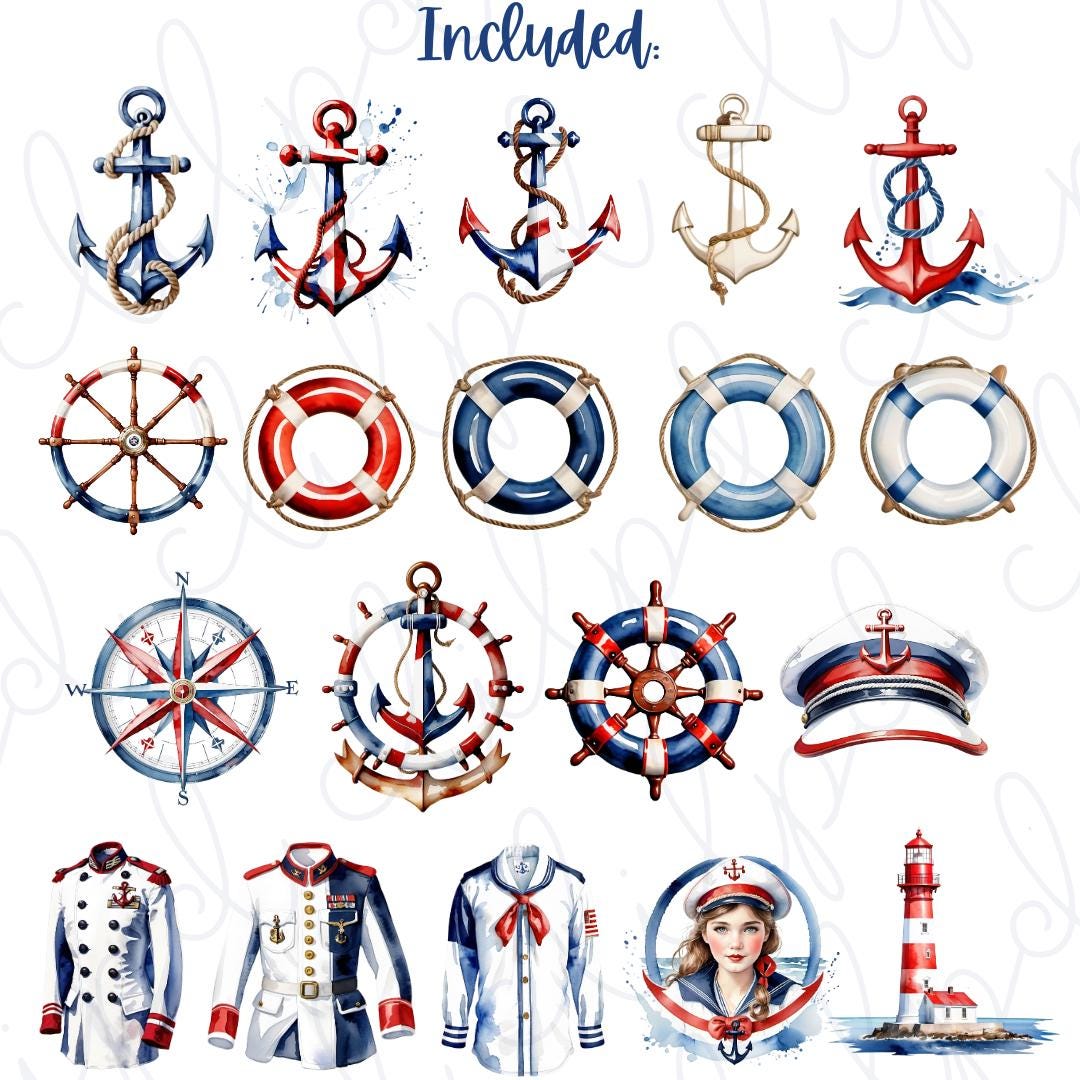 Vintage Nautical Clipart Bundle, Sailor Clip Art, Red White and Blue ...