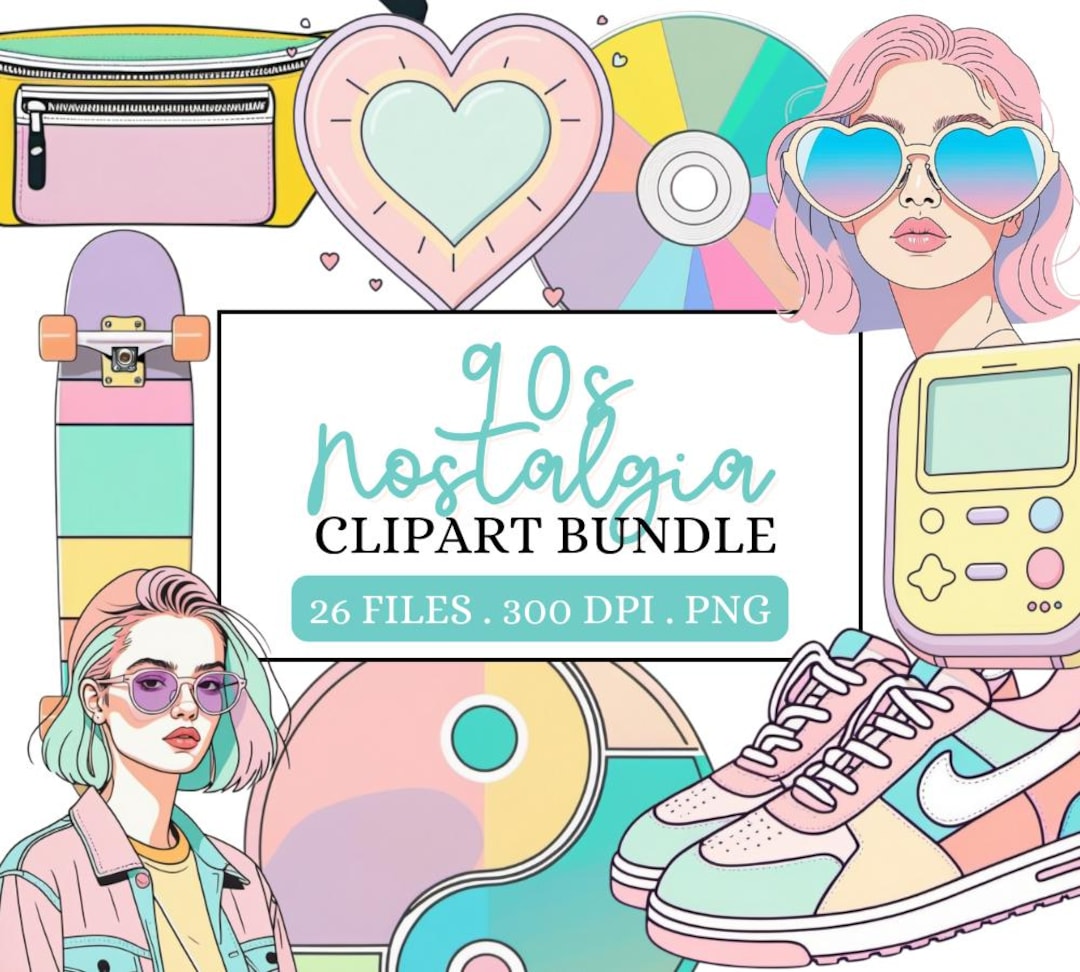 90s Nostalgia Clipart, 90s Party Clipart, Pastel Retro PNG, 1990s ...