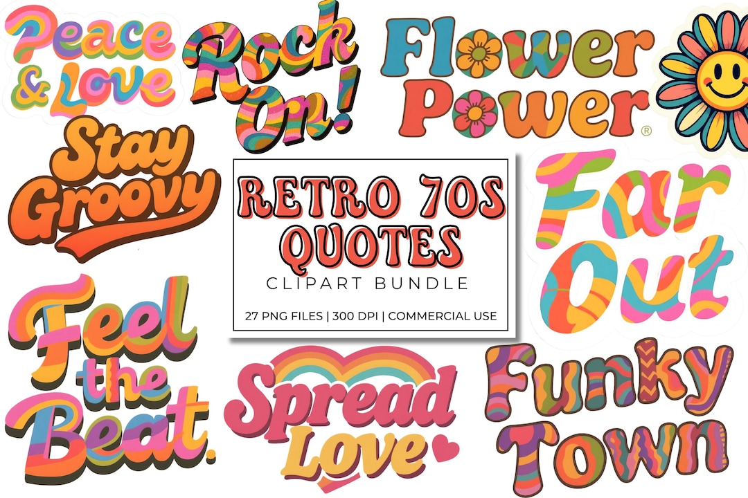 Retro 70s Typography Clipart Bundle – Groovy Phrases, Vintage Quote ...