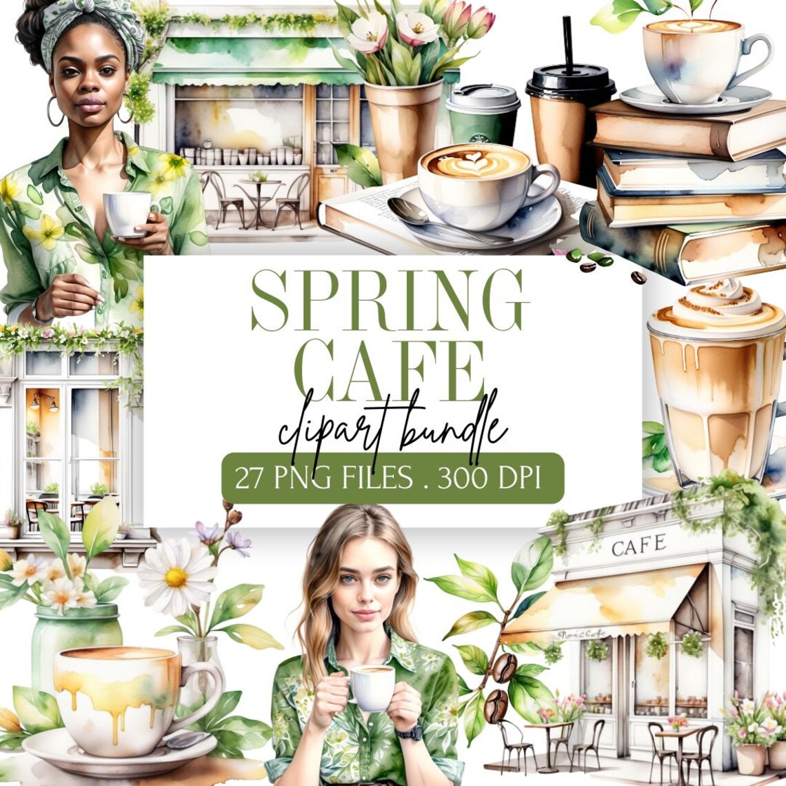 Spring Café Watercolor Clipart Bundle | Cozy Coffee Shop Graphics ...