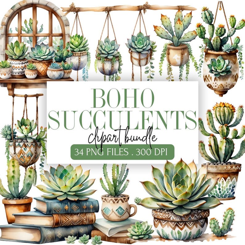 Boho Succulent Clipart Bundle | Watercolor Cactus PNG | Desert Plants ...