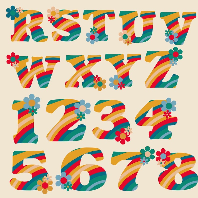 Retro 70s Letters Clipart Bundle, English Alphabet and Numbers Clipart ...
