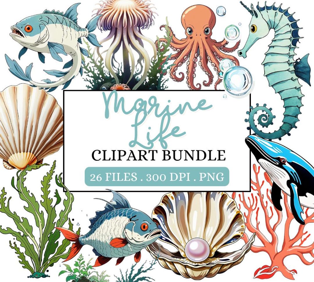 Marine Life Clipart, Underwater Ocean Clip Art, Nursery Decor, Sea ...