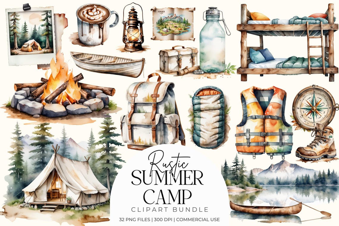 Rustic Summer Camp Clipart | Cozy Cabin, Forest Adventure, Tent ...