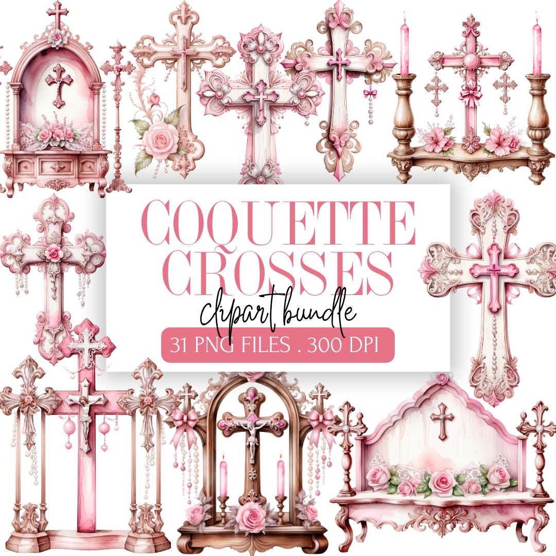 Coquette Cross Clipart Bundle | Pink Aesthetic Crosses | Lace & Pearl ...