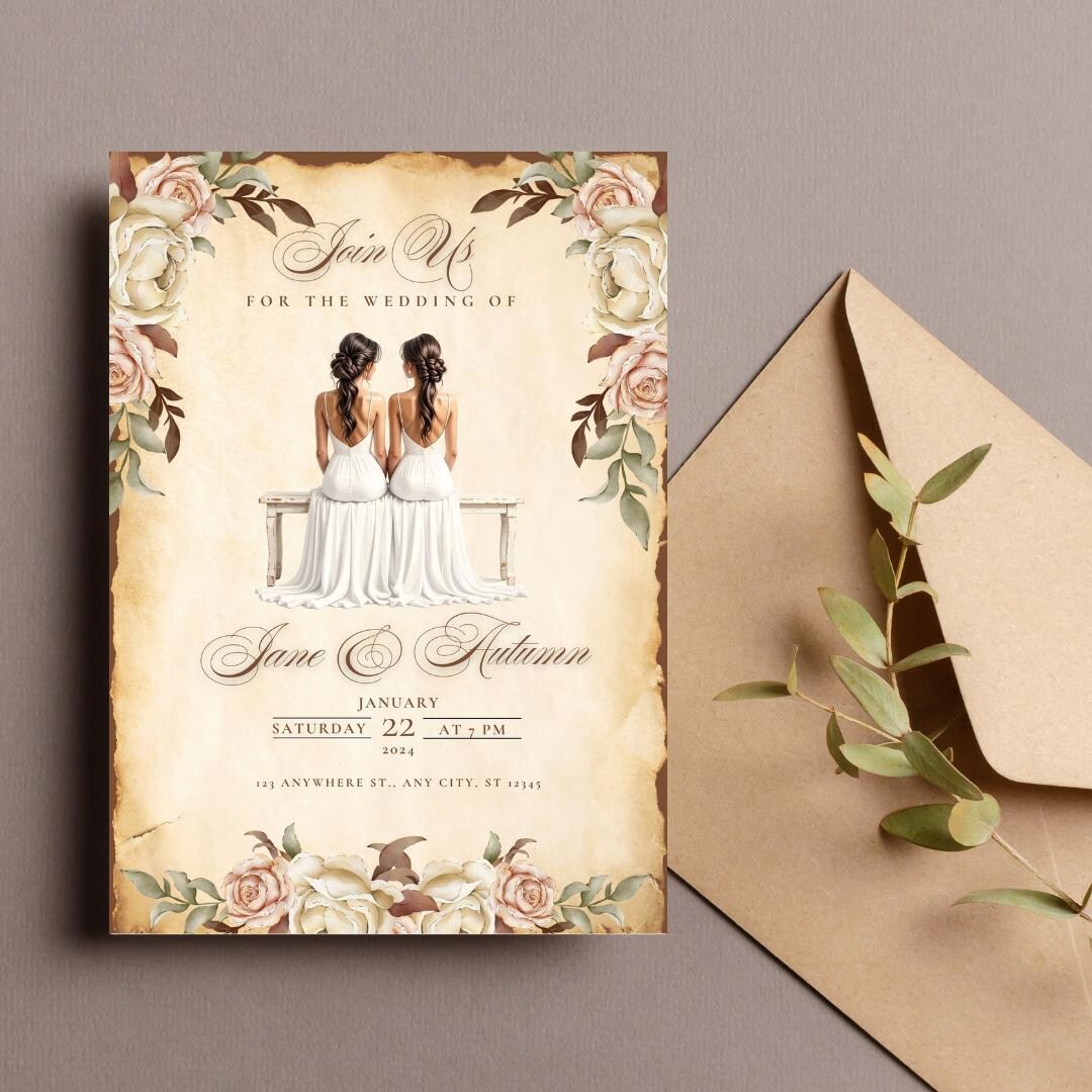 Editable Lesbian Wedding Invitation Template, Printable Wedding Invite ...