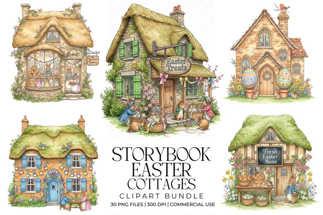 Vintage Storybook Easter Cottages Clipart, Whimsical Spring ...