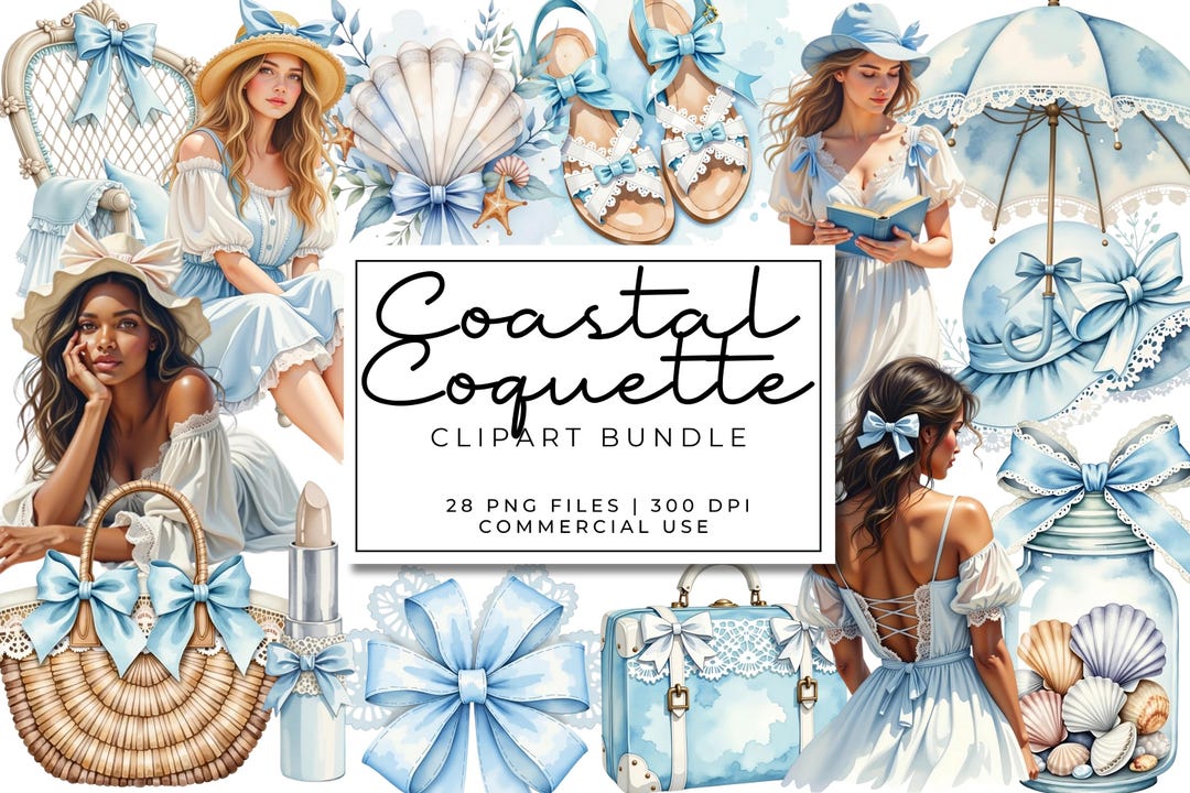 Coastal Coquette Clipart Bundle | Soft Beach Aesthetic Pngs | Blue ...