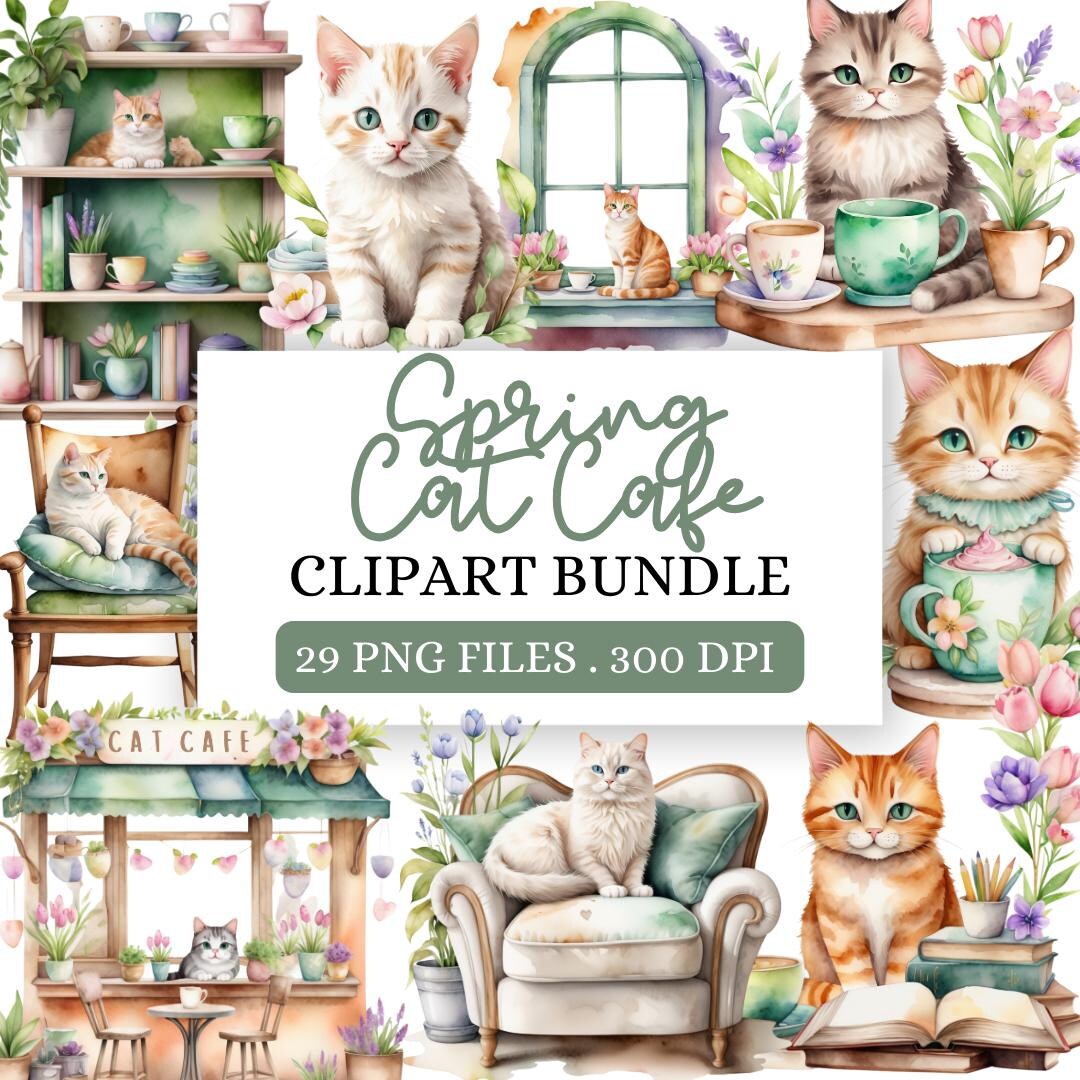 Spring Cat Café Clipart | Watercolor Coffee Shop Cats | Cozy Café ...