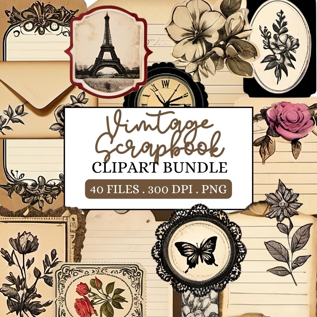 Vintage Scrapbook Clipart Bundle, Neutral Winter Clip Art, Vintage Junk ...