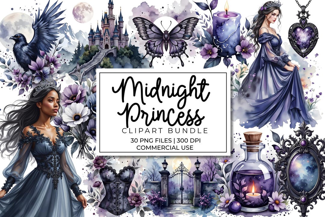 Midnight Princess Clipart Bundle | Dark Fairytale Ephemera PNG | Gothic ...