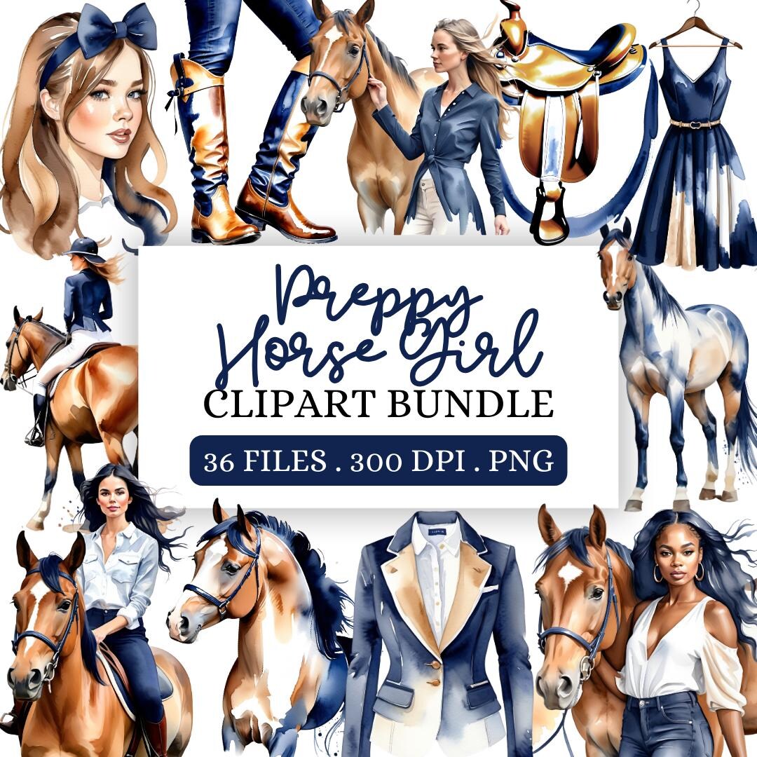 Preppy Horse Girl Clipart Bundle, Elegant Equestrian Graphics, Horse ...