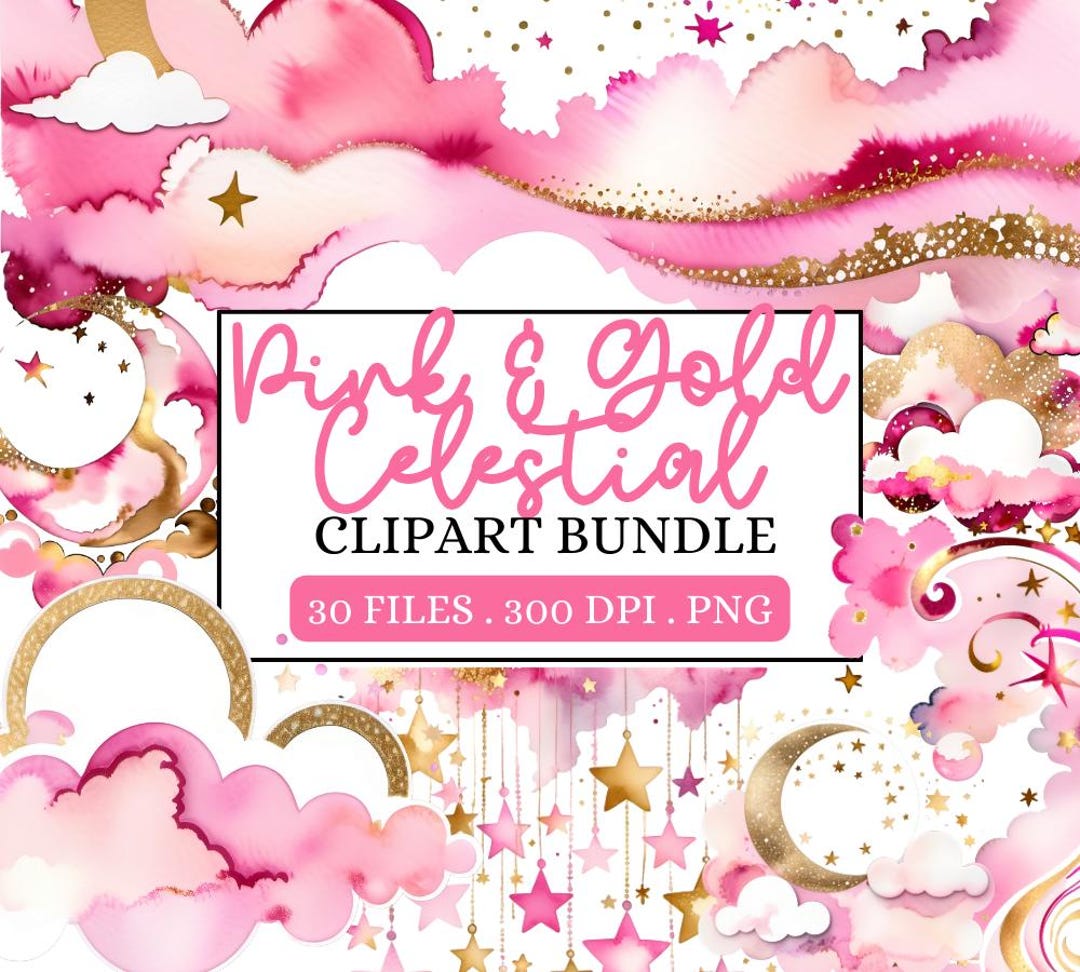 Pink and Gold Celestial Clipart Bundle, Stars and Moon Clip Art, Pink ...