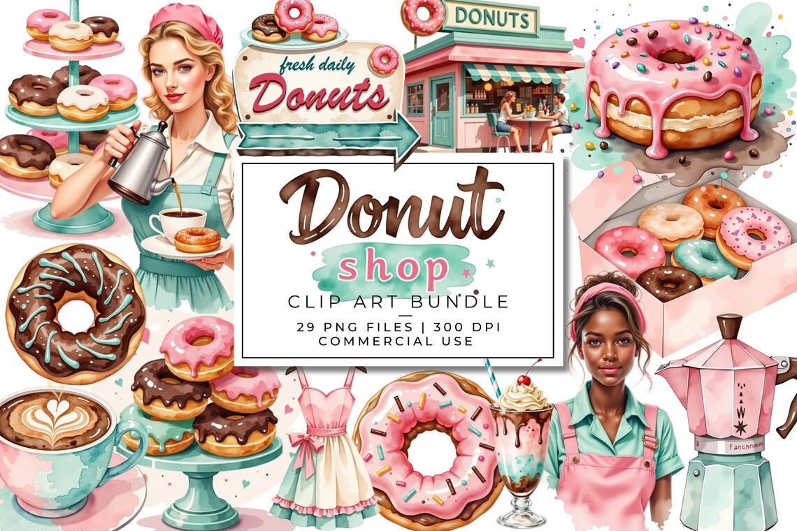 Vintage Donut Shop Clipart Bundle – Retro 1950s Bakery Aesthetic ...