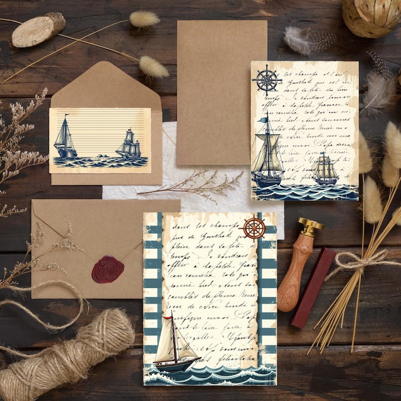 Vintage Nautical Stationery Digital Paper | Aged Maritime Writing Paper ...