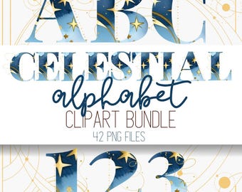 Celestial Letters Clipart Bundle, English Alphabet and Numbers Clipart ...