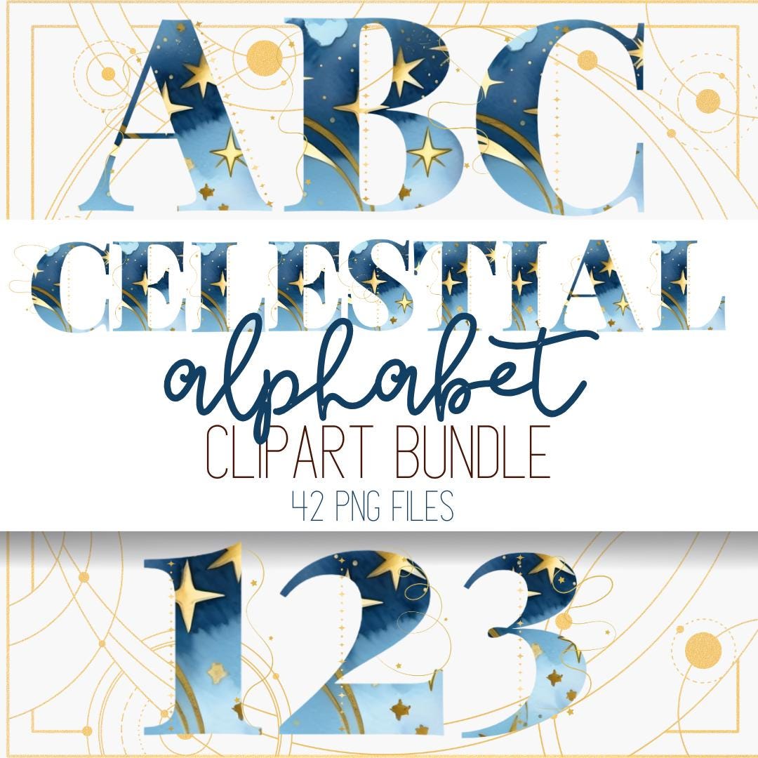 Celestial Letters Clipart Bundle, English Alphabet and Numbers Clipart ...