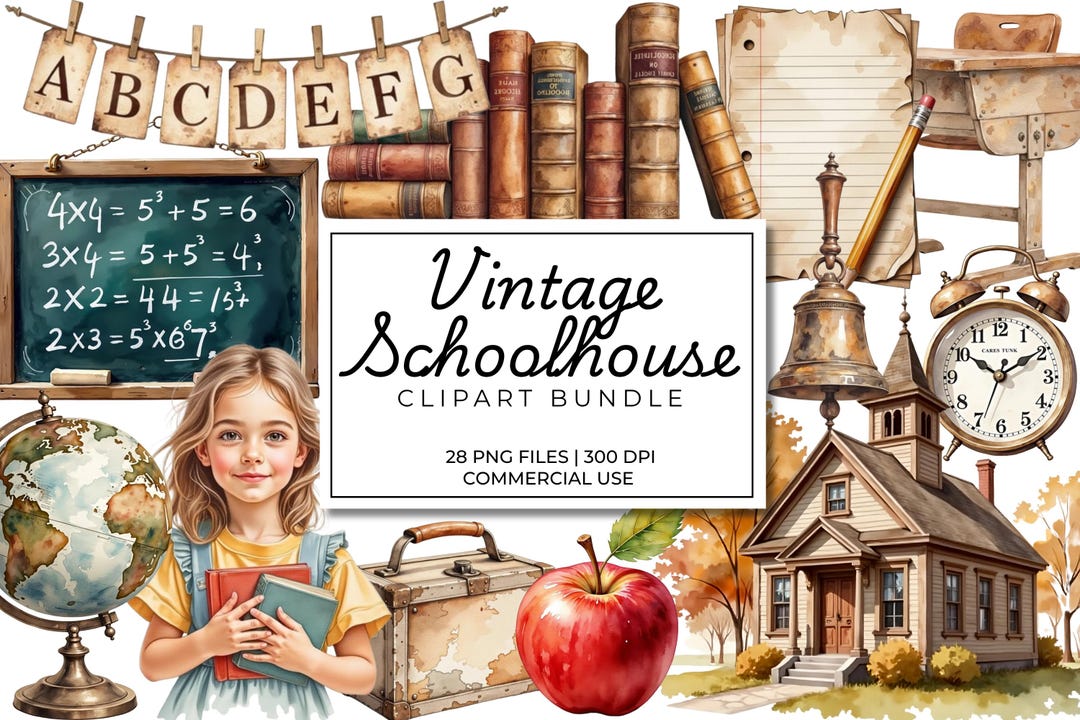 Vintage Schoolhouse Clipart Bundle | Retro Classroom Ephemera Graphics ...