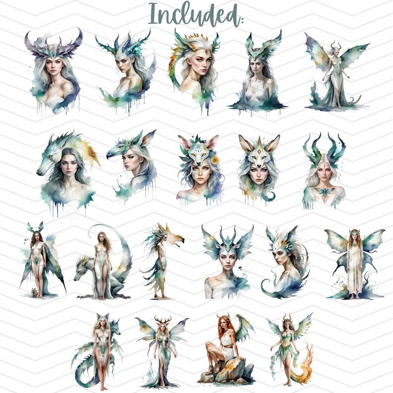 Mythical Muses Clipart | Watercolor Fantasy Women PNG | Hybrid Human ...