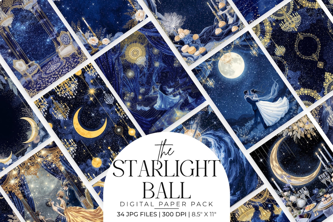 Starlight Ball Watercolor Backgrounds | Dark Blue & Gold Celestial ...
