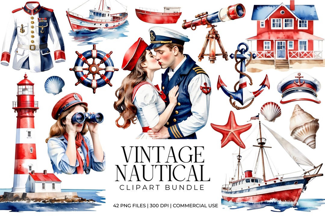 Vintage Nautical Clipart Bundle, Sailor Clip Art, Red White and Blue ...