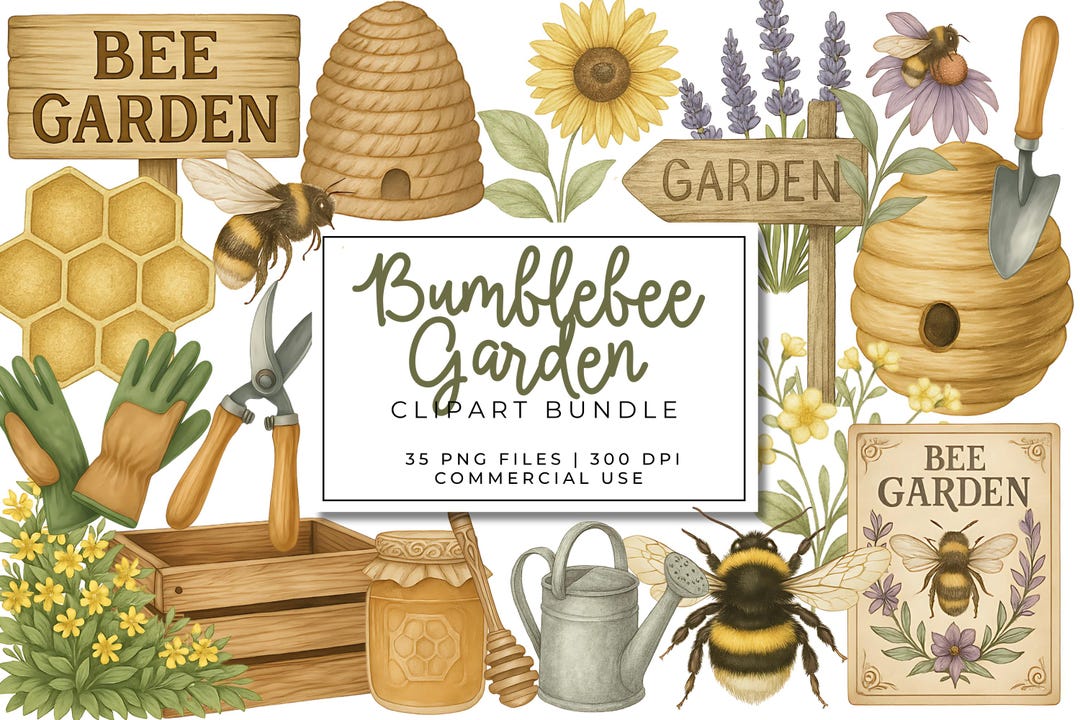 Bumblebee Garden Clipart Bundle | Watercolor Floral & Bee Keeping Pngs ...