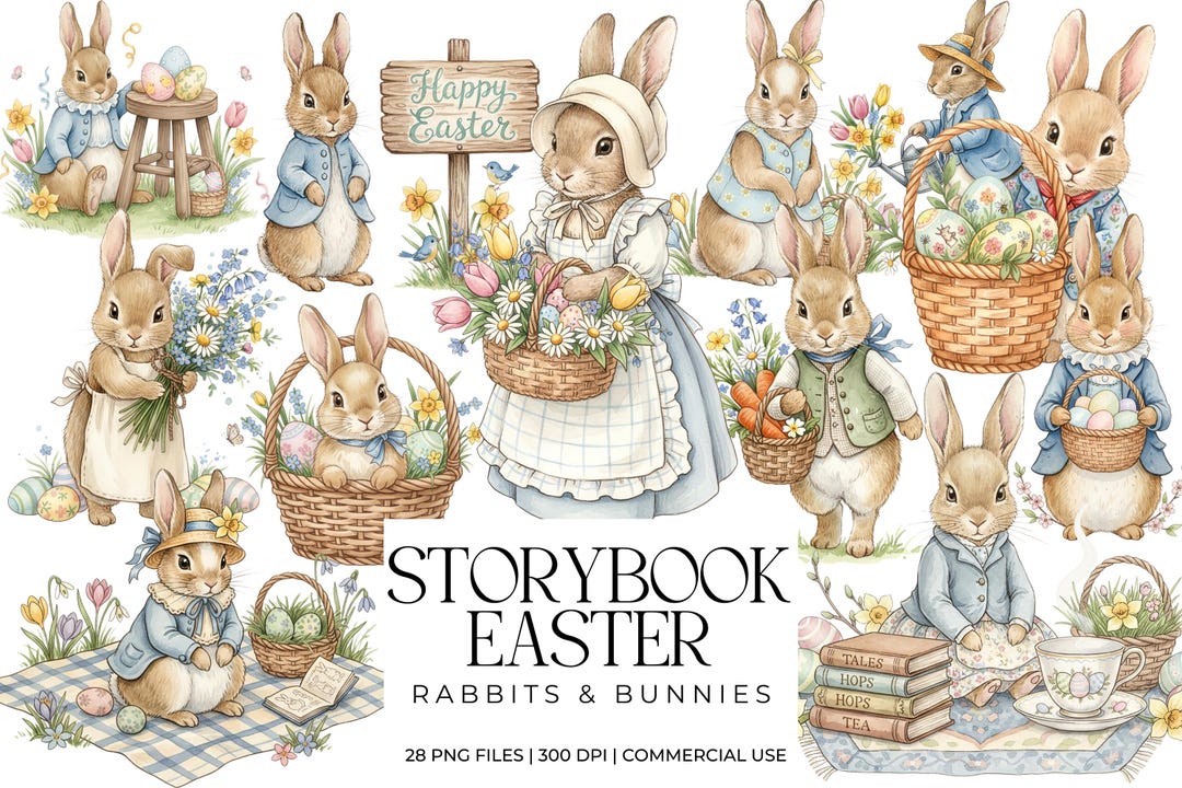 Vintage Storybook Easter Bunnies Clipart Bundle, Watercolor Rabbit ...