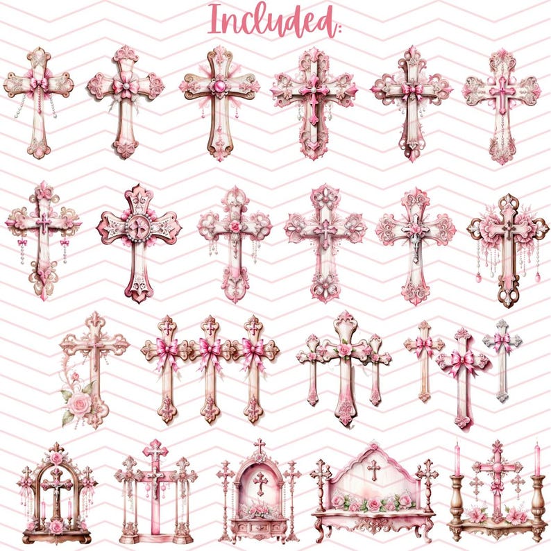 Coquette Cross Clipart Bundle | Pink Aesthetic Crosses | Lace & Pearl ...