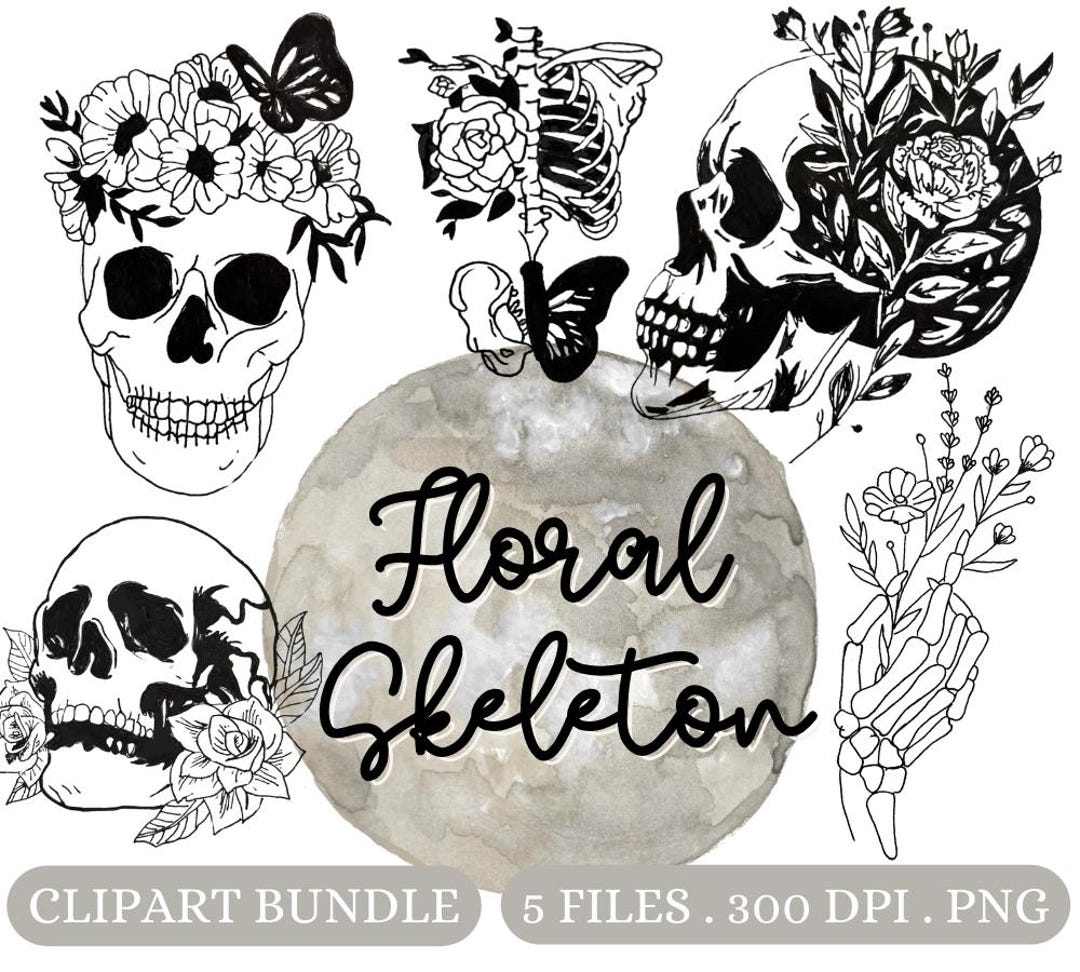 Floral Skeleton Clipart, DIGITAL DOWNLOAD, Quirky Cute Halloween Clip ...