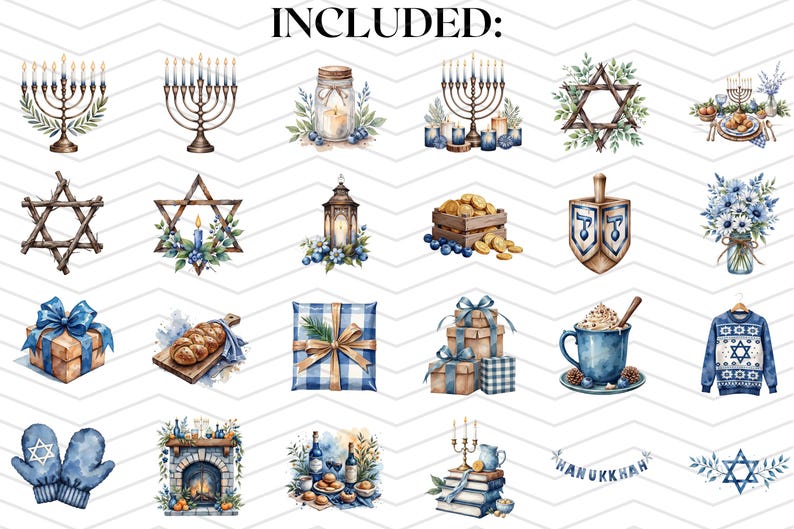 Farmhouse Hanukkah Clipart Bundle, Rustic Chanukah PNG, Watercolor Menorah Dreidel Star of David ...