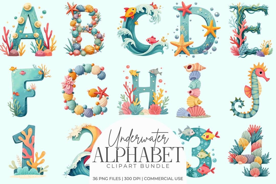 Ocean Alphabet Numbers Clipart for Kids, Underwater Letters and Digits ...