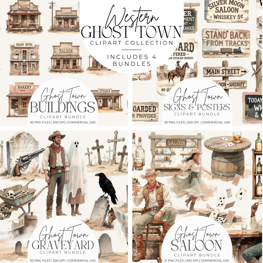 Western Ghost Town Clipart Bundle PNG, Watercolor Old West Collection ...