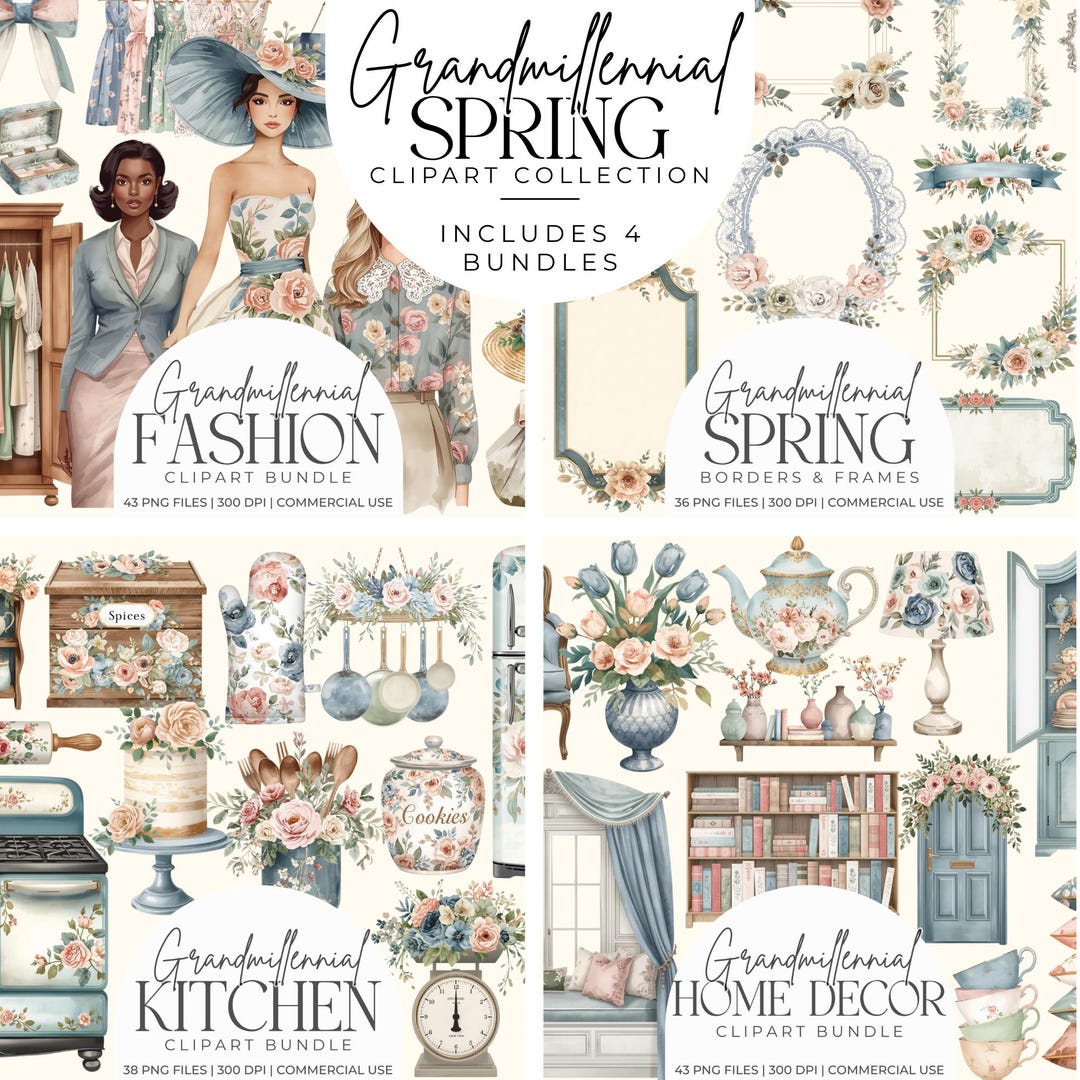 Grandmillennial Spring Clipart Collection, Home Decor Kitchen Fashion ...