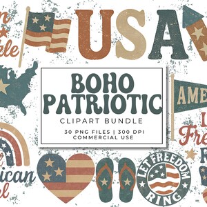 Boho Patriotic Clipart Bundle – 30 Retro 4th of July Pngs With Stars ...