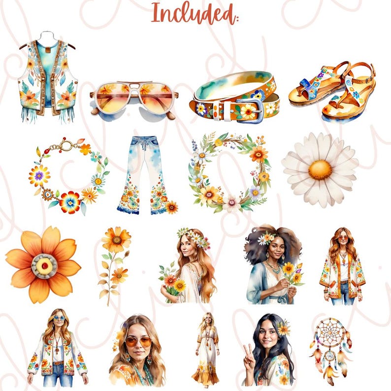 Boho Hippie Clipart, Retro 1970s Clip Art, Vintage Hippie Graphics ...