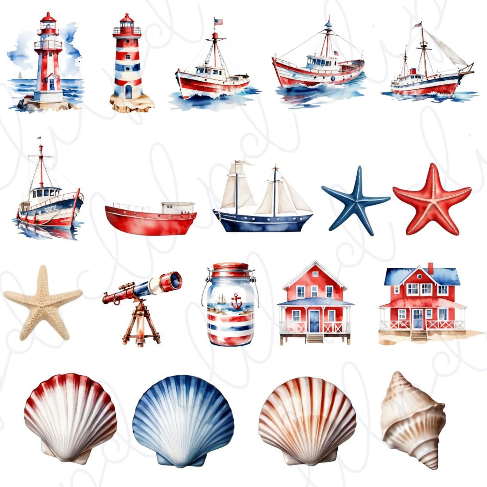 Vintage Nautical Clipart Bundle, Sailor Clip Art, Red White and Blue ...