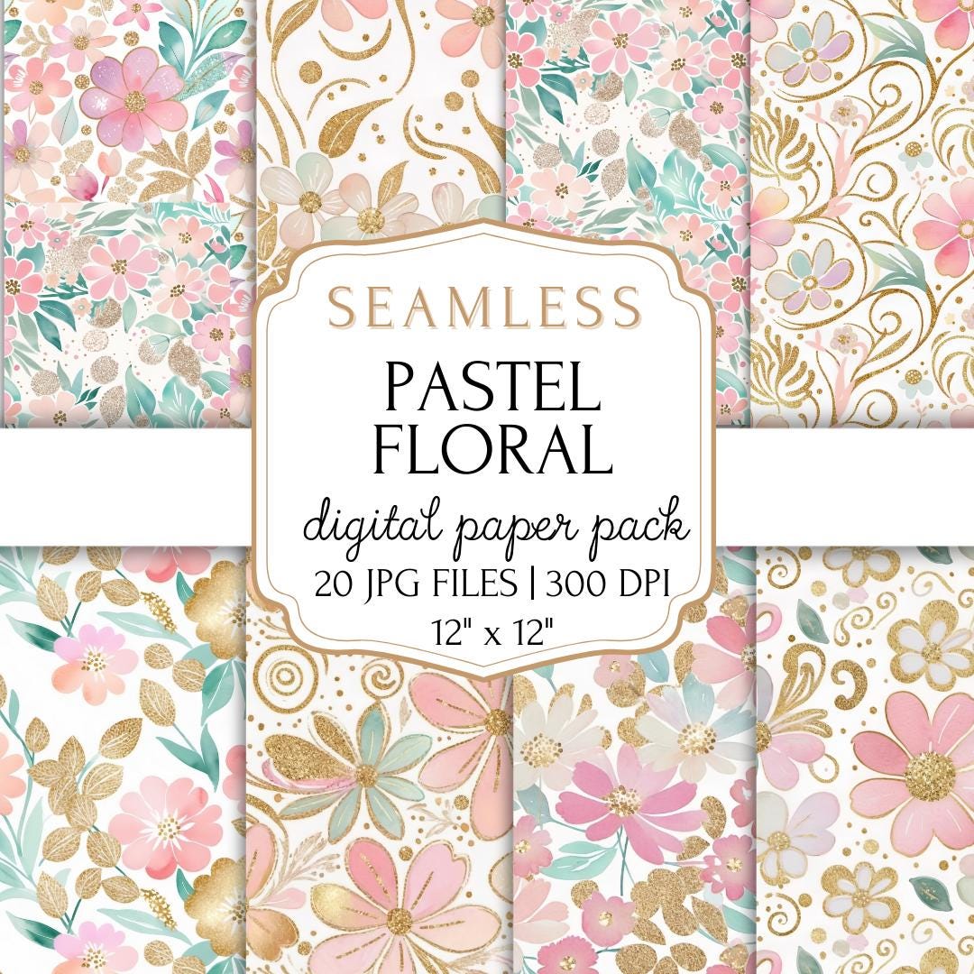 Watercolor Floral Digital Paper | Seamless Flowers & Gold Glitter ...