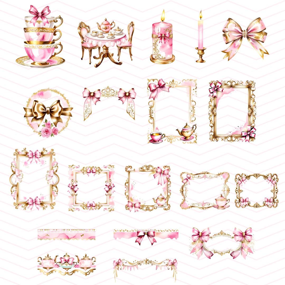Coquette Tea Party Clipart Bundle, Pink and Gold Tea Party Clip Art ...