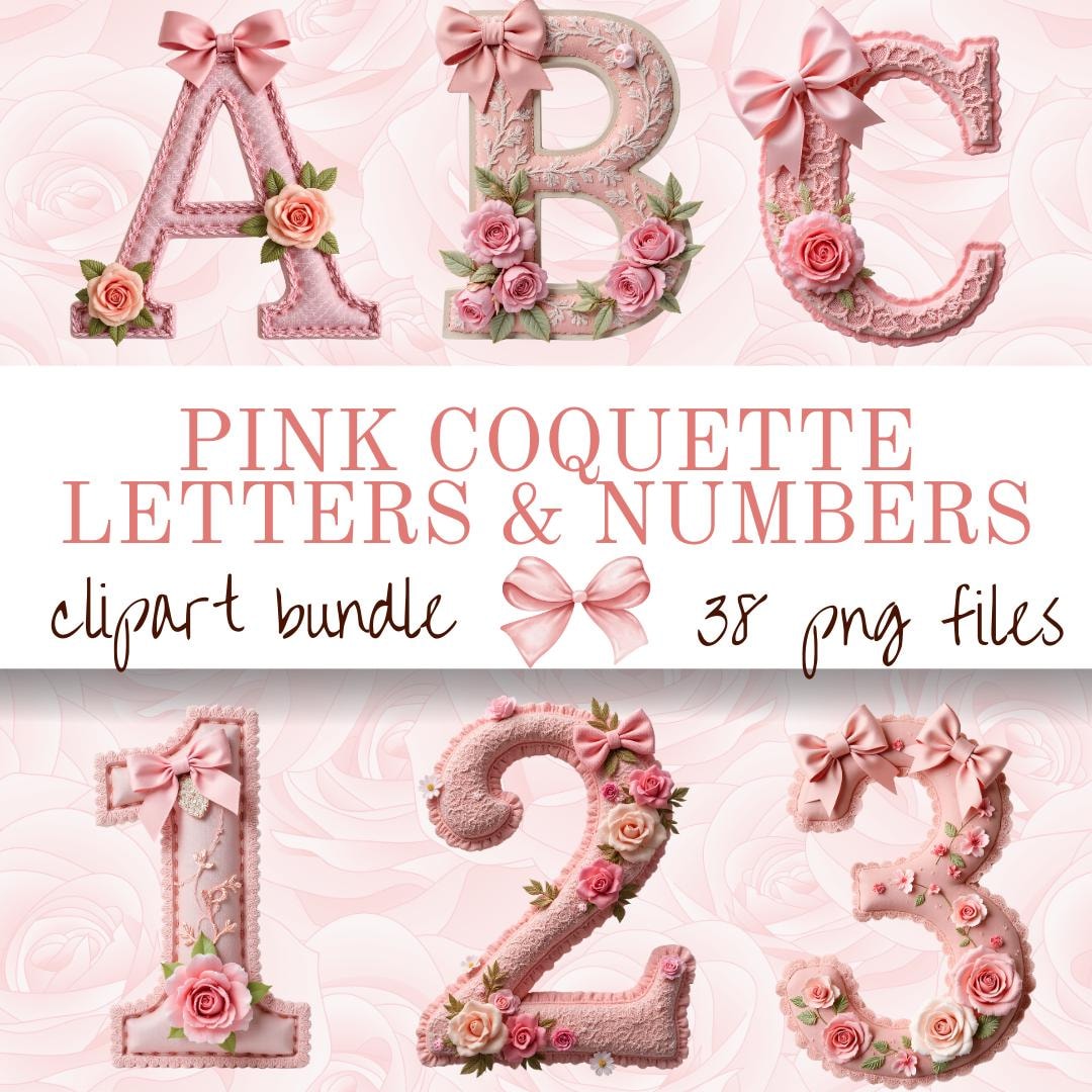 Pink Coquette Letters & Numbers Clipart | Embroidered Patch Aesthetic ...