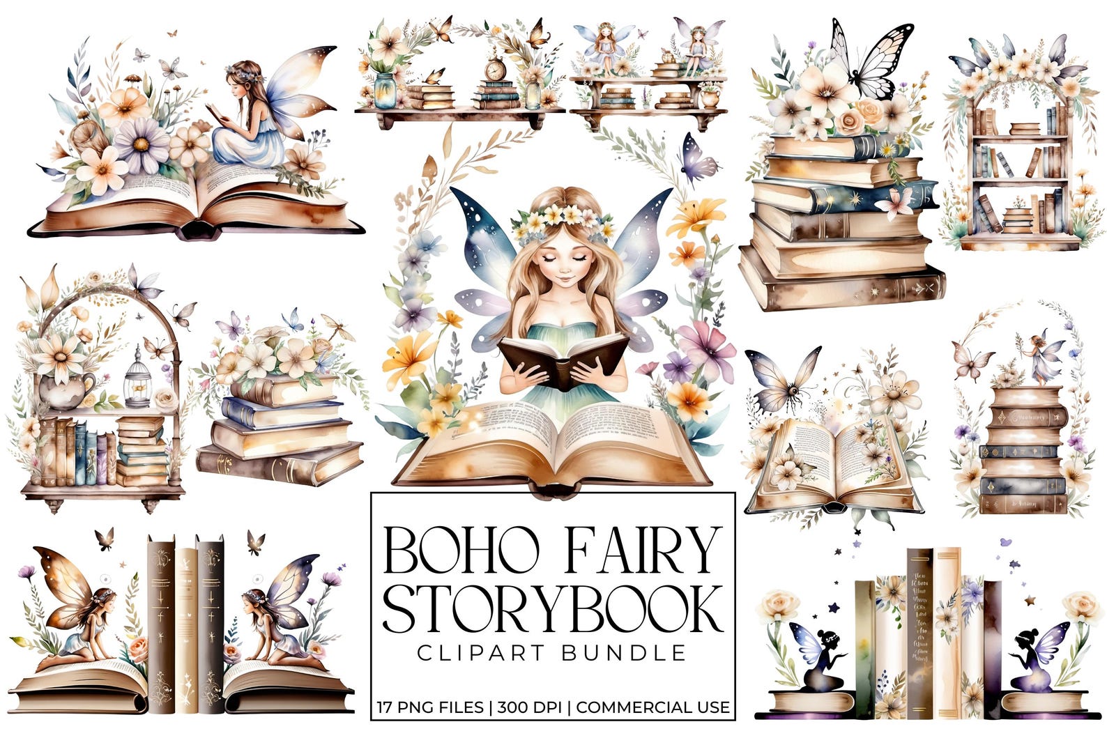 Boho Fairy Story Book Clipart, Fantasy Book Clip Art, Magical Library ...