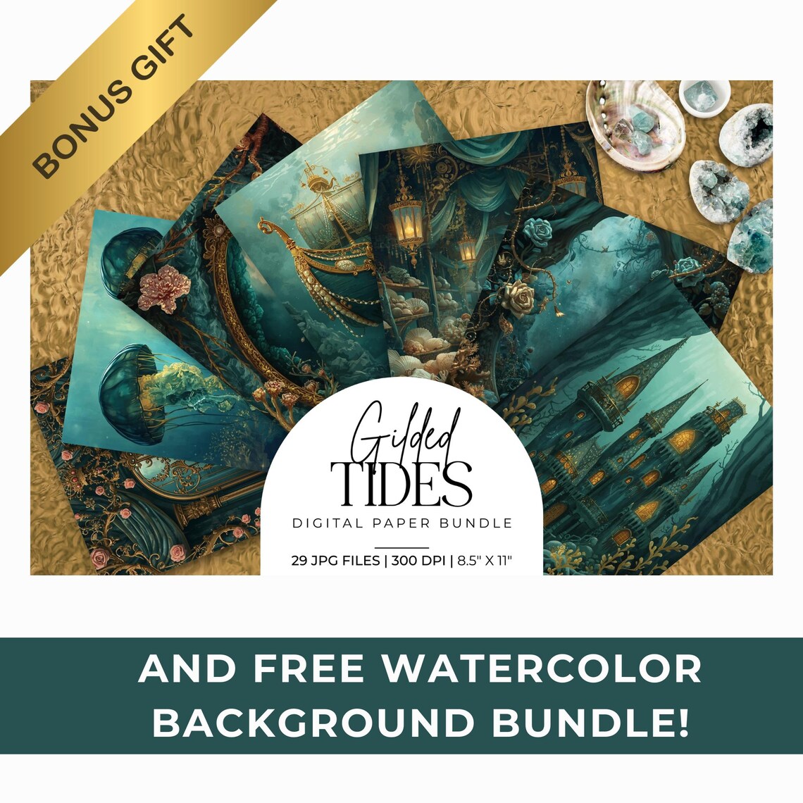Gilded Tides Mega Clipart Collection, Turquoise & Gold Mermaid Fantasy ...