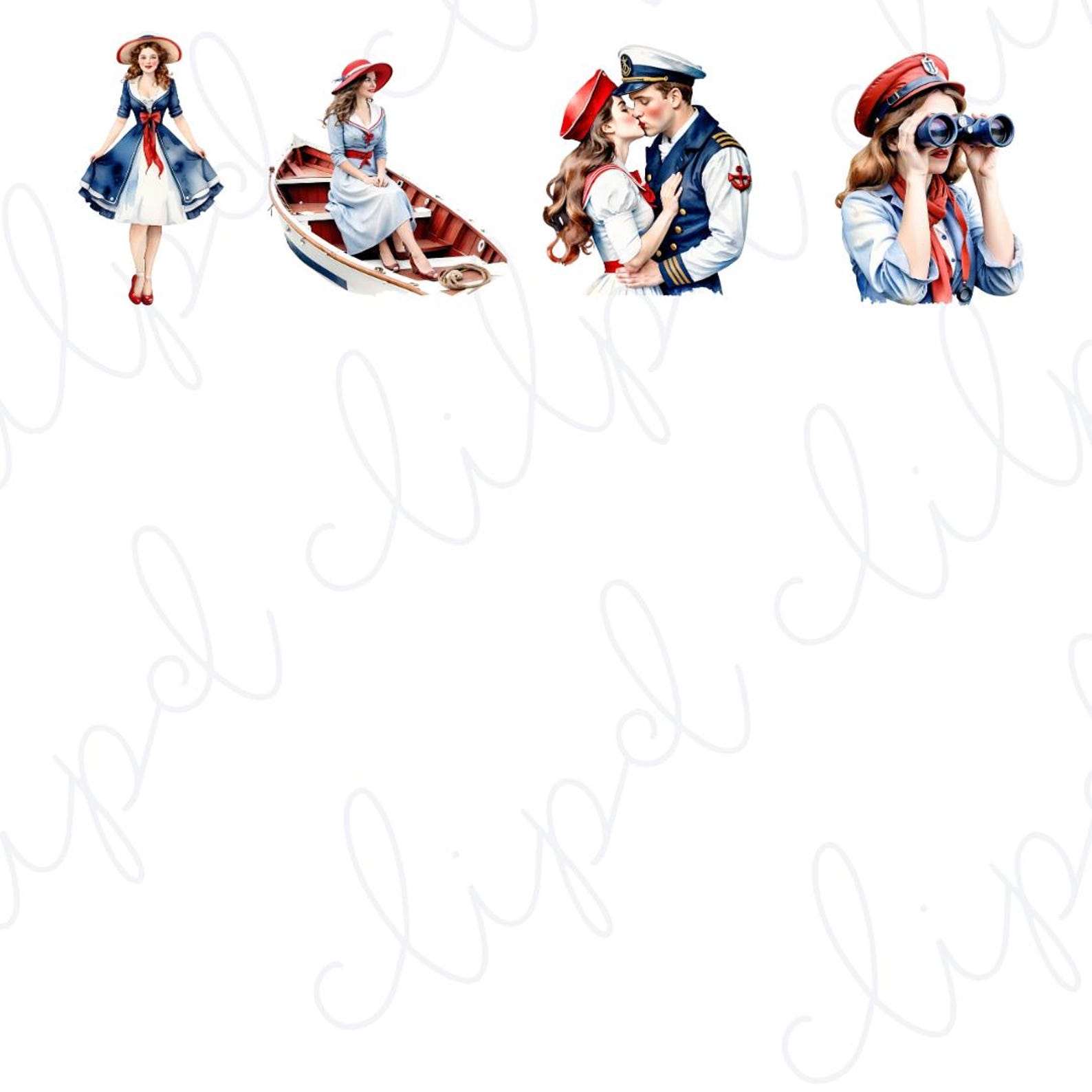 Vintage Nautical Clipart Bundle, Sailor Clip Art, Red White and Blue ...