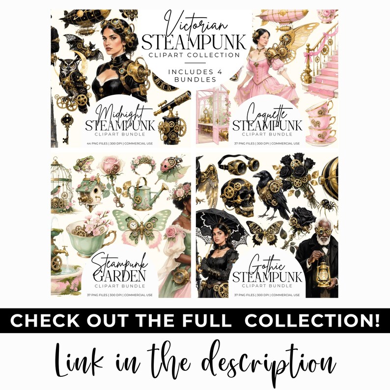 Gothic Steampunk Clipart Bundle, Black and Gold Watercolor Pngs ...