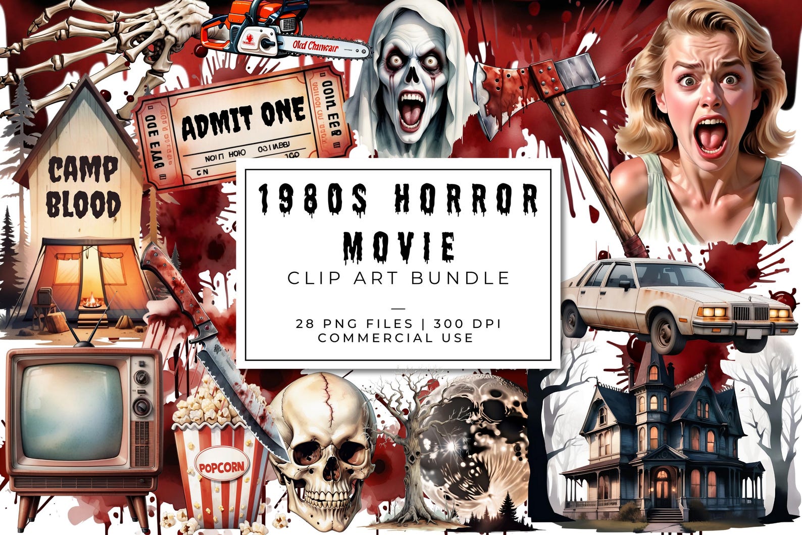 1980s Horror Movie Clipart Bundle | Retro Slasher Movie Pngs | Neon ...